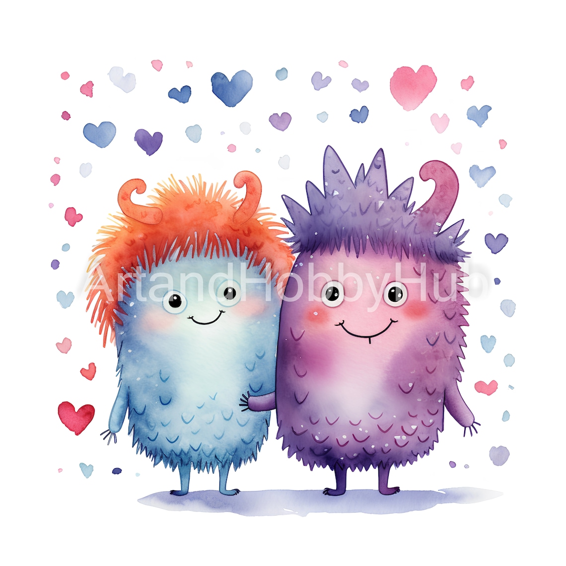 Cute Little Monster Couple Watercolor Clipart, 12 High Quality Jpgs ...