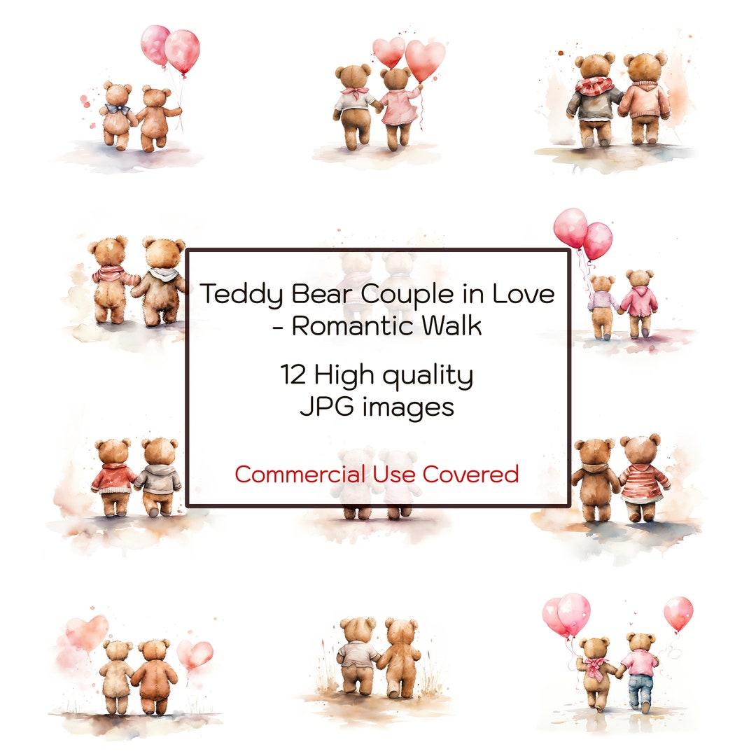 Teddy Bear Couple in Love Watercolor Clipart, 12 High Quality Jpgs ...