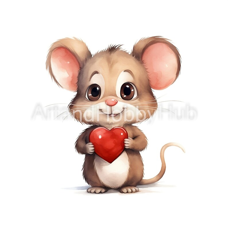 Cute Mouse Holding a Red Heart Watercolor Clipart, 12 High Quality Jpgs ...
