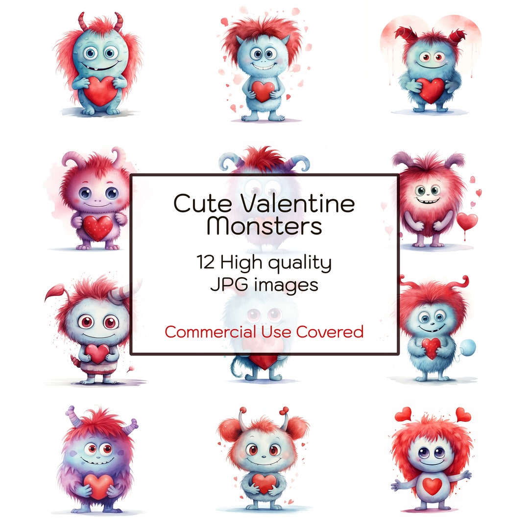 Cute Valentine Monsters Watercolor Clipart, 12 High Quality Jpgs ...