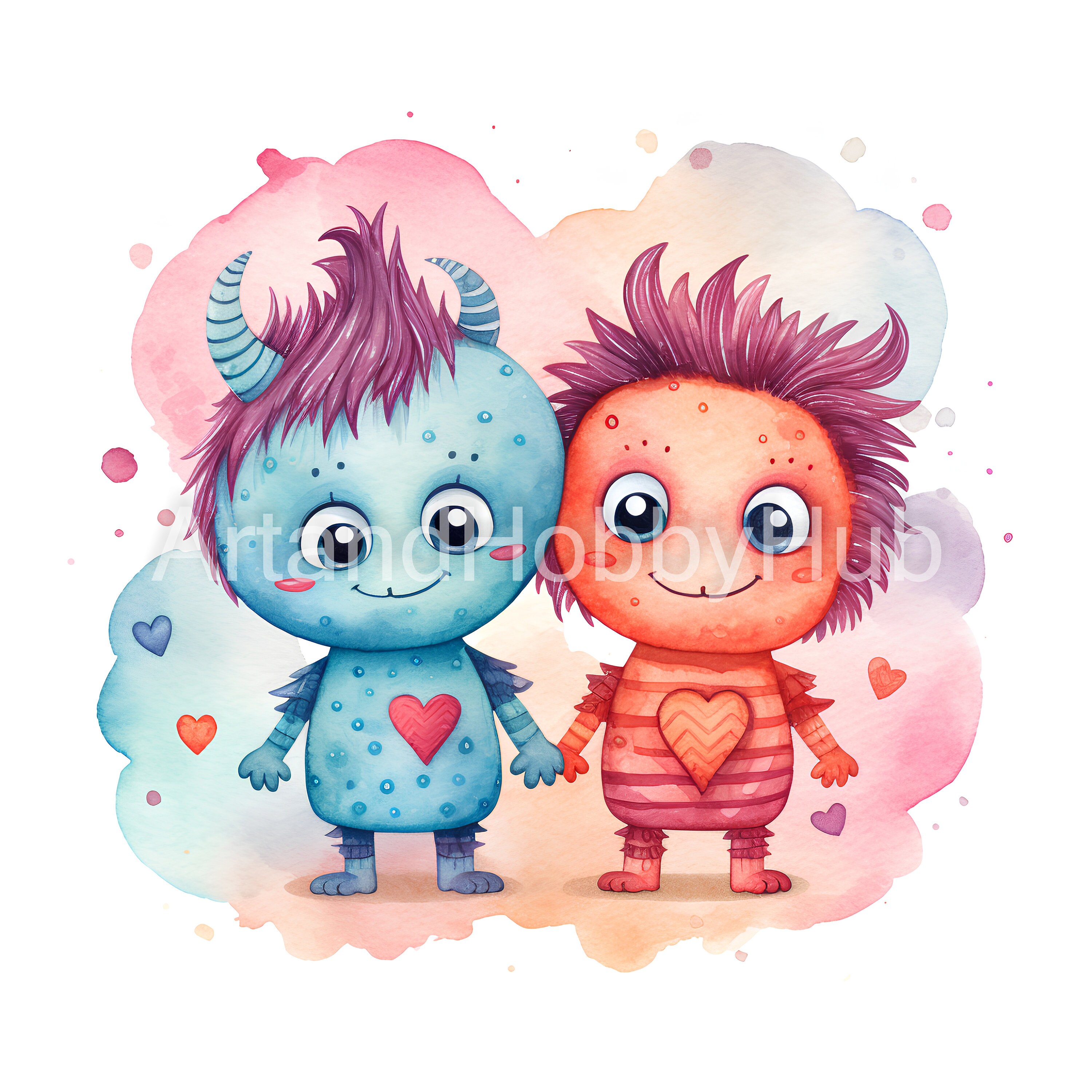 Cute Little Monster Couple Watercolor Clipart, 12 High Quality Jpgs ...