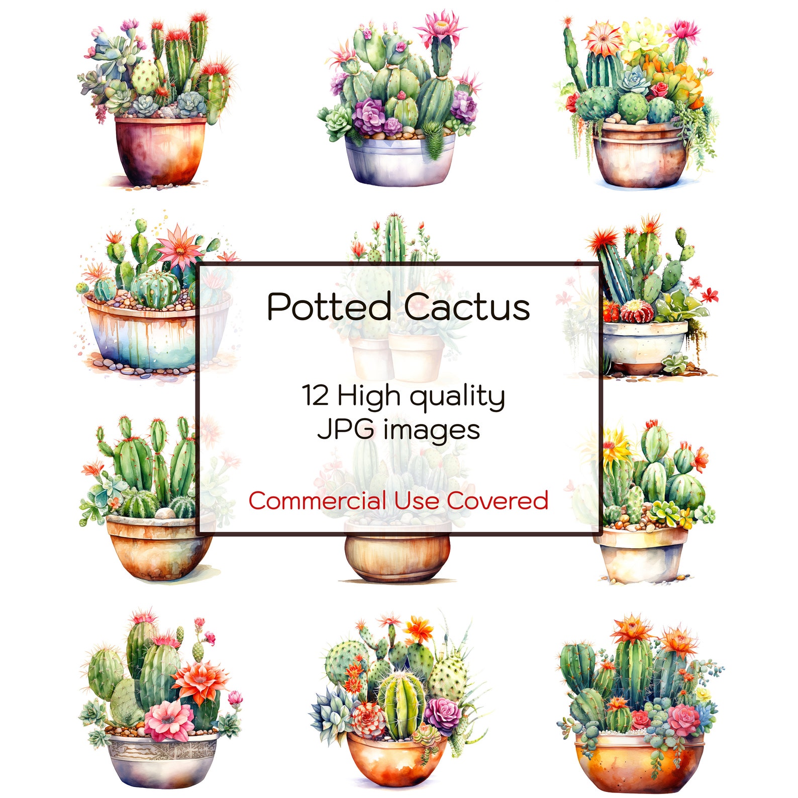 Cactus in a Pot Watercolor Clipart, 12 High Quality Jpgs, Journal ...