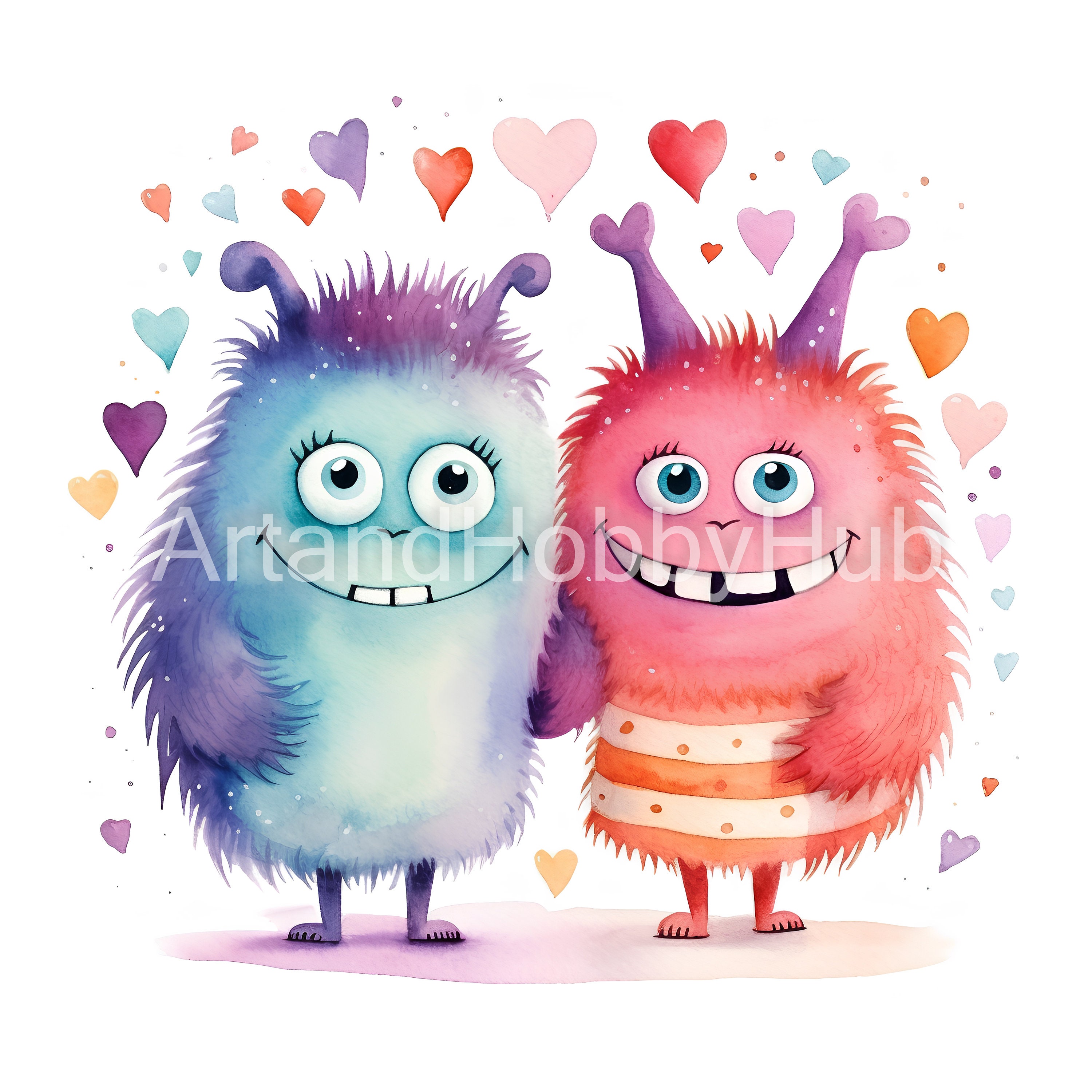 Cute Little Monster Couple Watercolor Clipart, 12 High Quality Jpgs ...