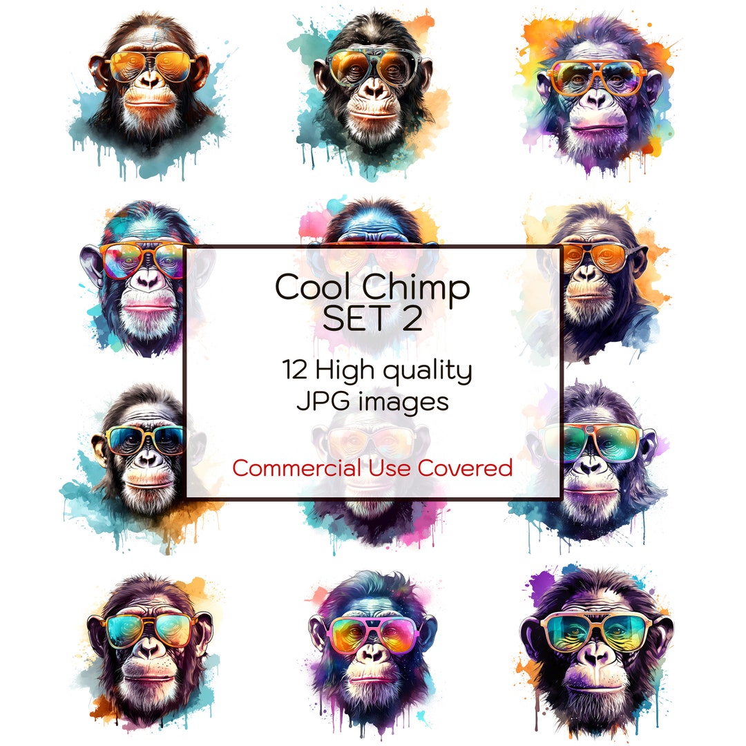 Cool Chimp With Sunglasses Watercolor Clipart, 12 High Quality Jpgs ...