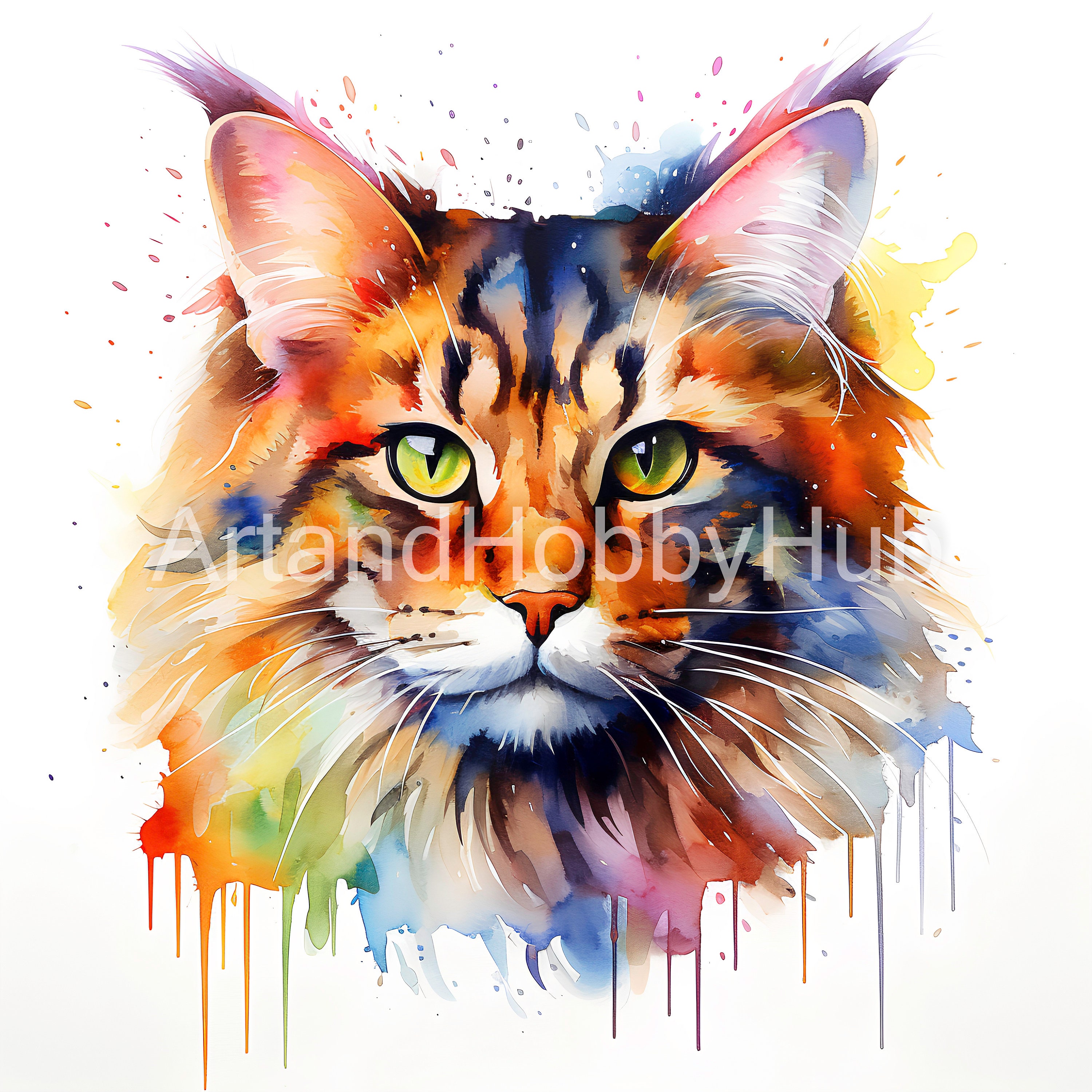 Maine Coon Cat Watercolor Clipart, 12 High Quality Jpgs, Wall Art, Craft Scrapbook, Cards, Mugs ...