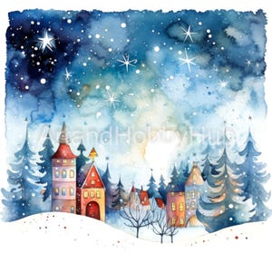Winter Christmas Village Card Watercolor Clipart, 12 High Quality Jpgs ...
