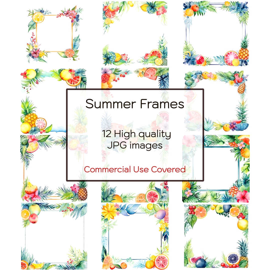Summer Frames Watercolor Clipart, 12 High Quality Jpgs, Print, Journal ...