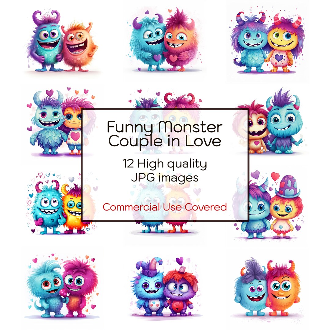 Cute Monster Couple in Love Mixed Media Clipart, 12 High Quality Jpgs ...