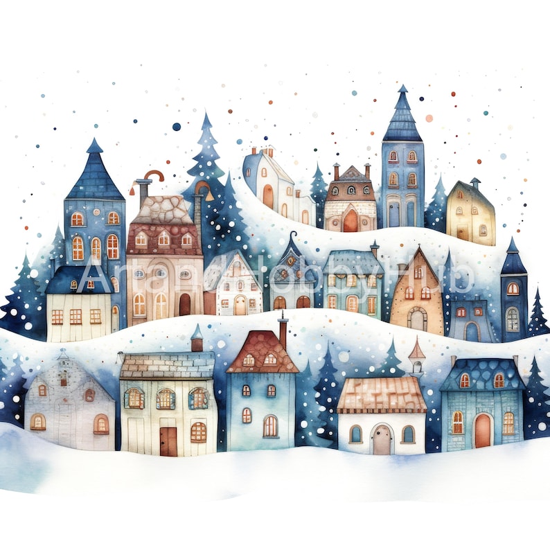 12 Whimsical Winter Village Watercolor Clipart High Quality Jpgs ...