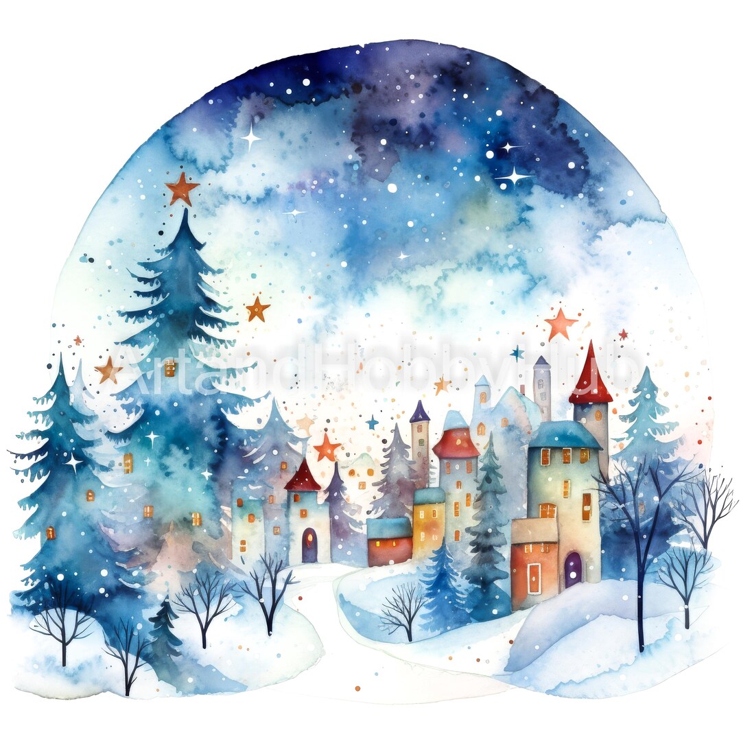 Winter Christmas Village Card Watercolor Clipart, 12 High Quality Jpgs ...