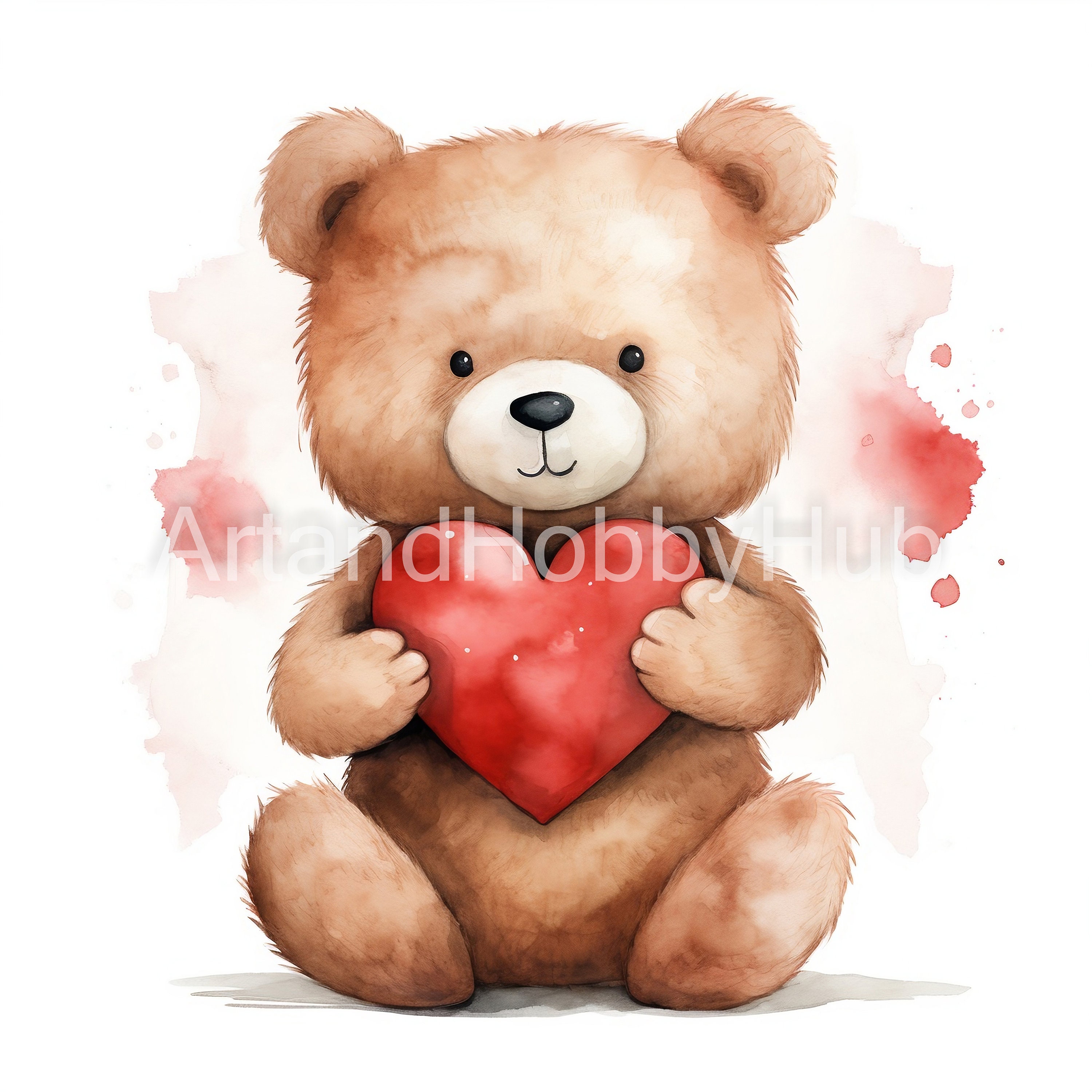 Cute Teddy Bear Holding Red Heart Watercolor Clipart, 12 High Quality ...