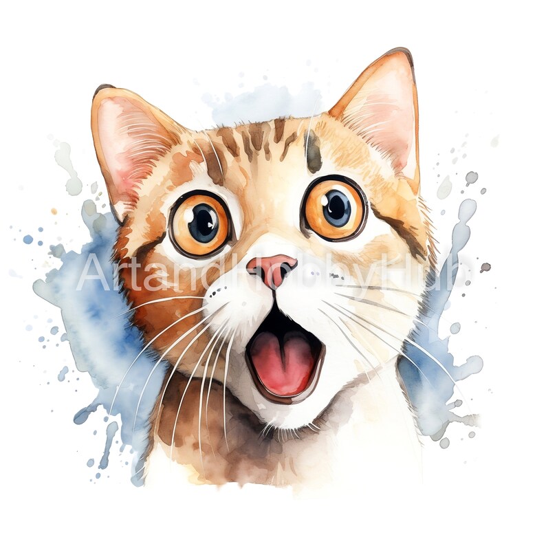 OMG Surprised Shocked Cats Watercolor Clipart, 12 High Quality Jpgs ...