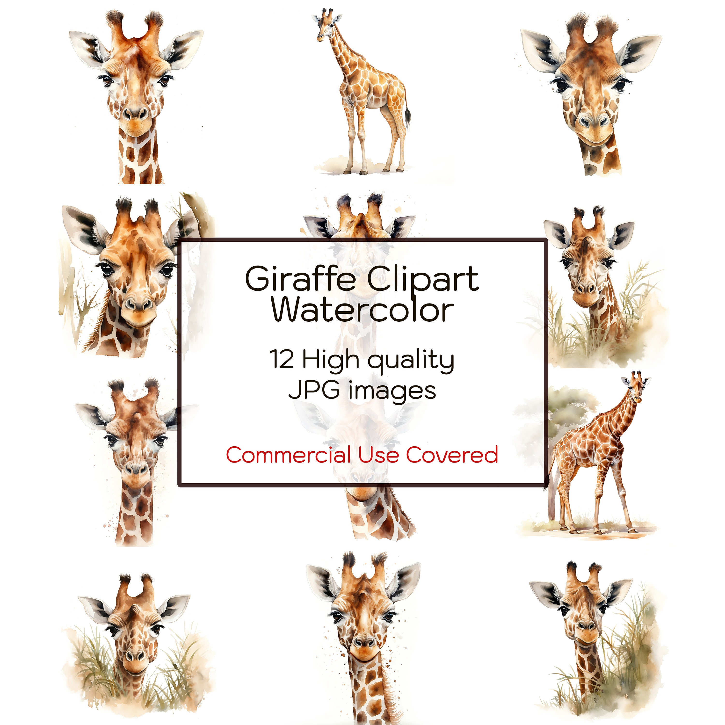 Giraffe Watercolor Clipart, 12 High Quality Jpgs, Nursery Wall Art ...