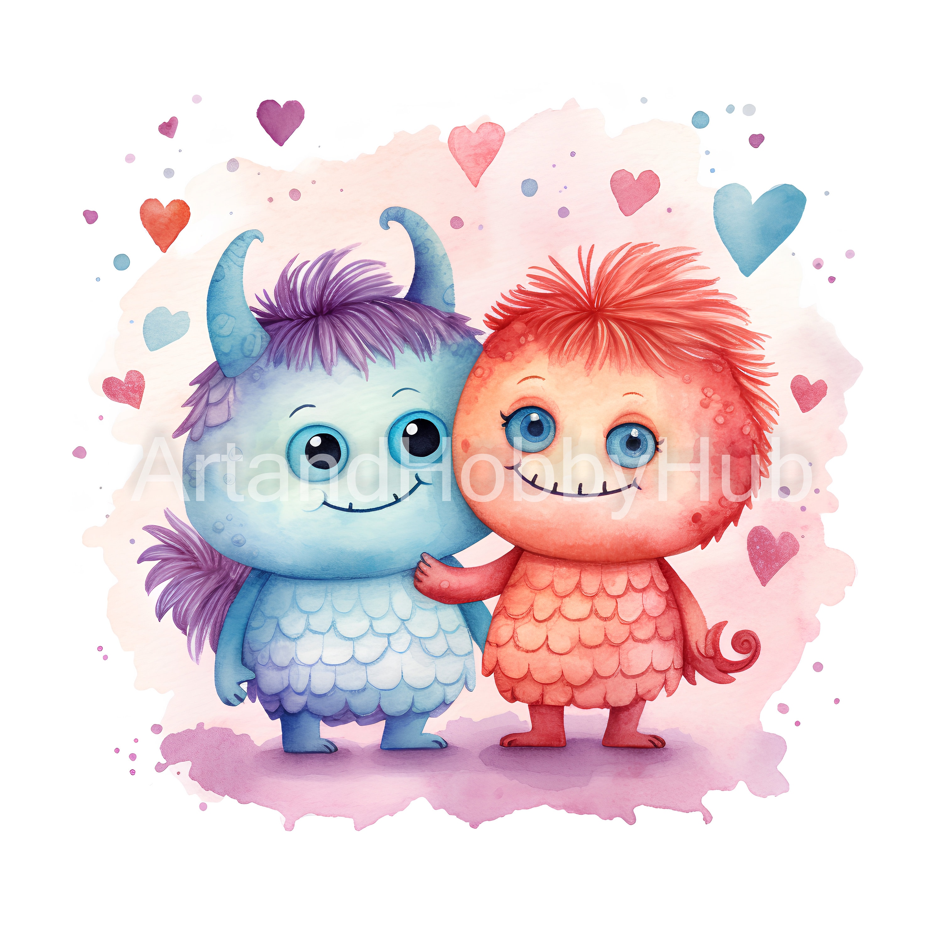 Cute Little Monster Couple Watercolor Clipart, 12 High Quality Jpgs ...