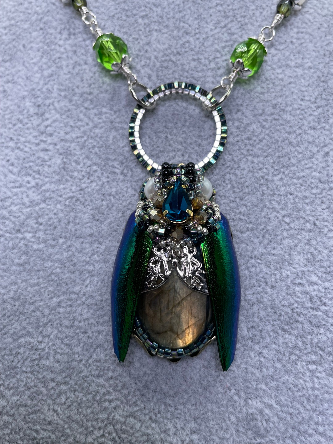Beaded Beetle Pendant Necklace: Natural Labradorite & Beetle Wings - Etsy