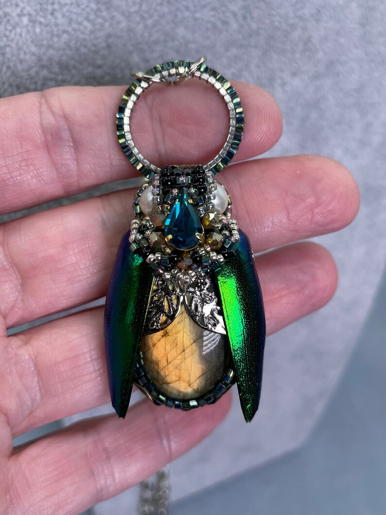 Beaded Beetle Pendant Necklace: Natural Labradorite & Beetle Wings - Etsy