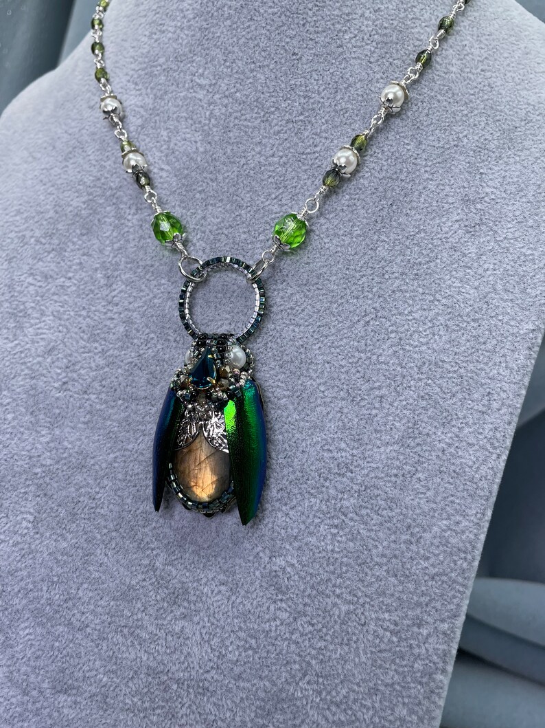 Beaded Beetle Pendant Necklace: Natural Labradorite & Beetle Wings - Etsy