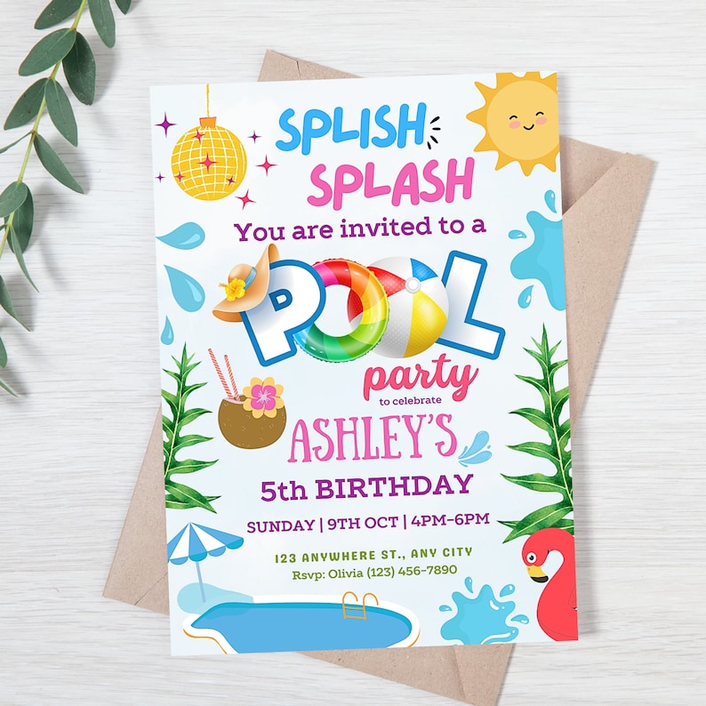 Splish Splash Pool Party Invitation Template, Pool Birthday Party Invite, Pool Summer Party ...