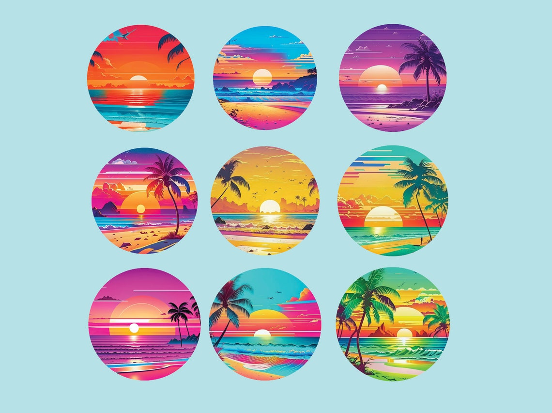Serene Sunset Circle - Beach Graphics Clip Art Set of 18 Instant ...