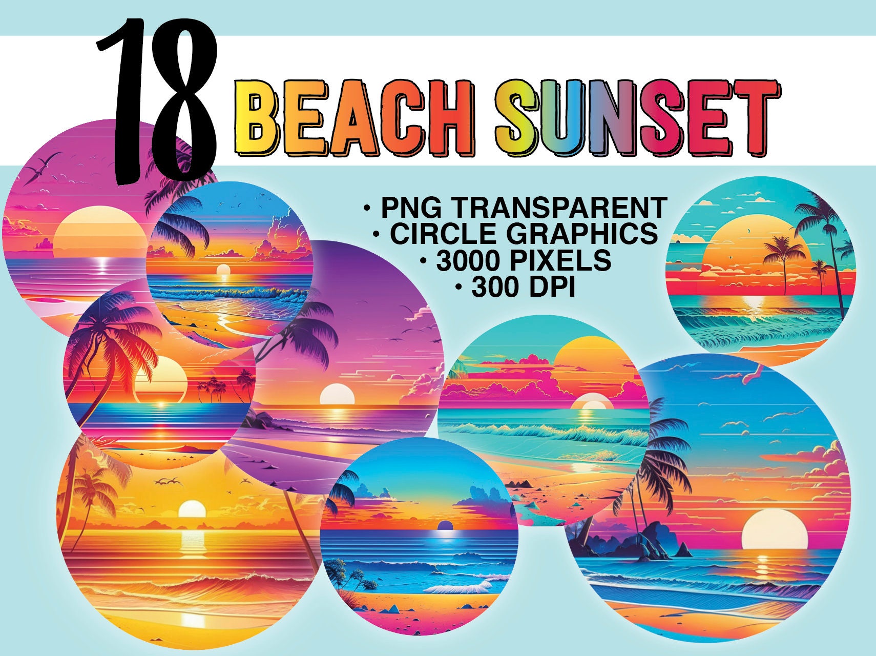 Serene Sunset Circle - Beach Graphics Clip Art Set of 18 Instant ...