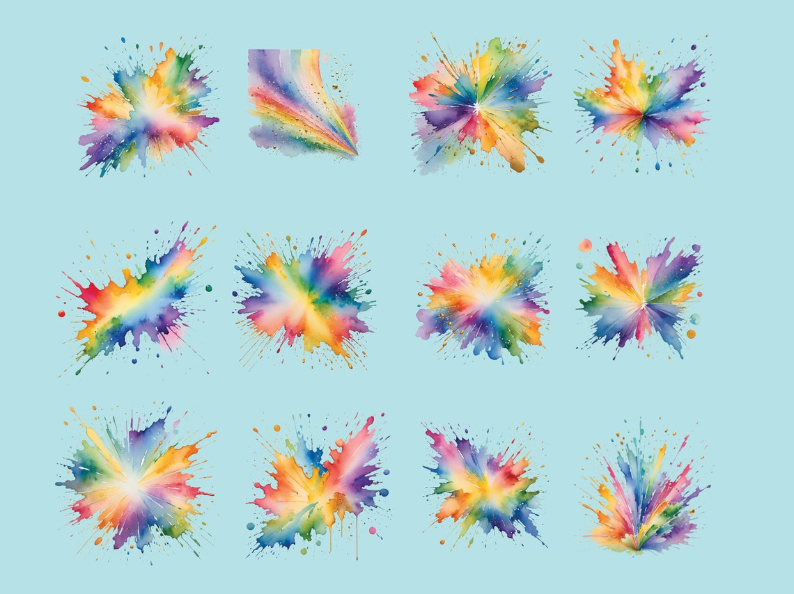 Set of 12 Rainbow Watercolor Clip Art - Colorful Rainbow Splashes ...