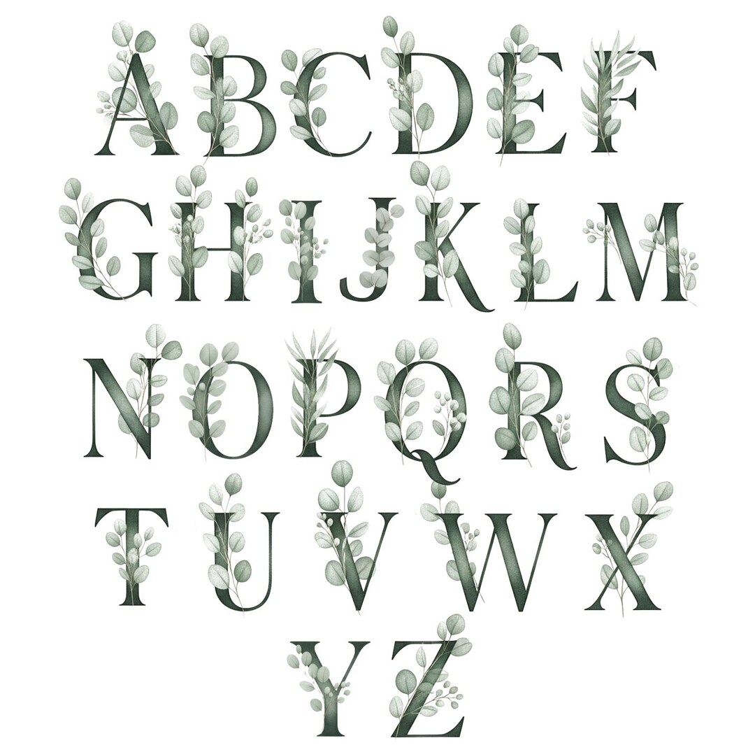 Watercolor Eucalyptus Alphabet Clipart: Botanical Wedding Monogram ...