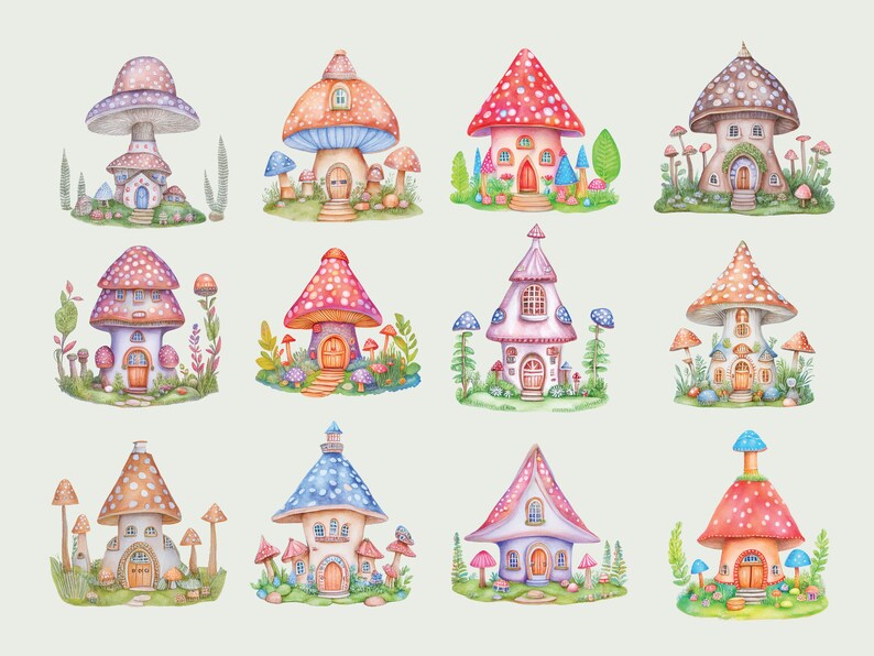 Set of 18 Mushroom Houses Clip Art - Enchanting Dwellings for Whimsical ...