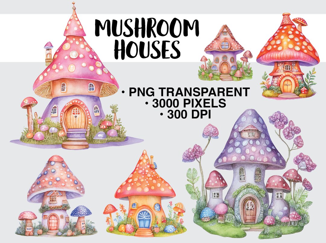 Set of 18 Mushroom Houses Clip Art - Enchanting Dwellings for Whimsical ...
