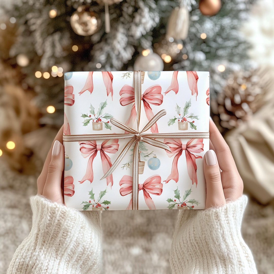Pink Bow Christmas Wrapping Paper, Christmas Gift Wrap for Girls, Girly ...