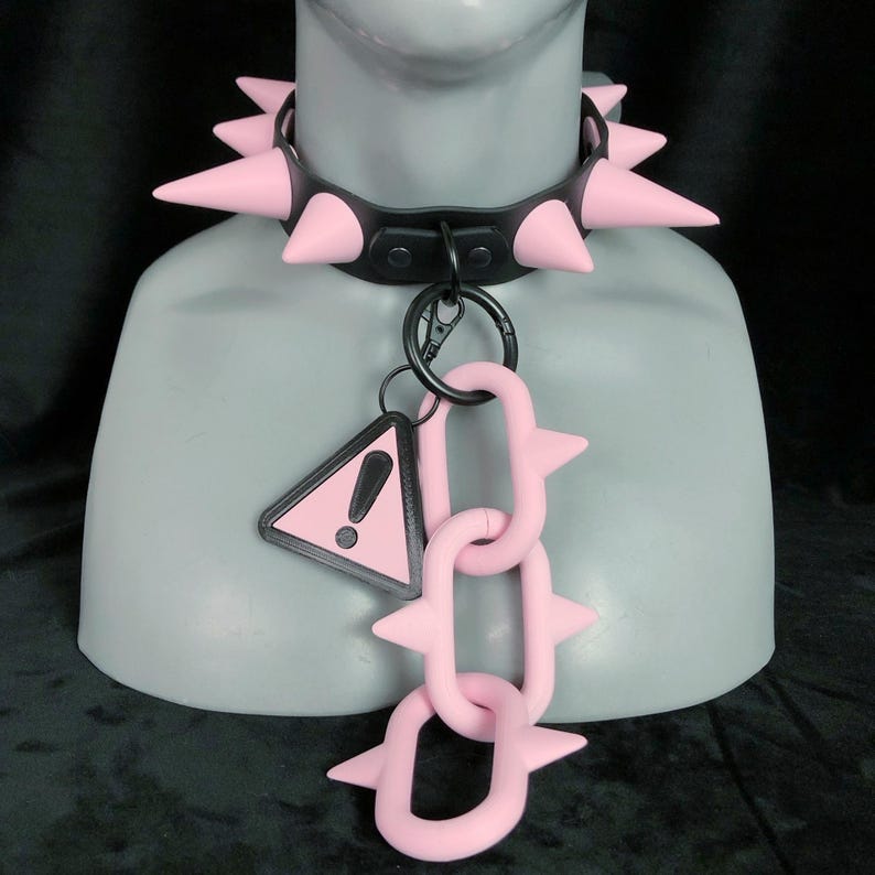 Black / Pastel Pink Caution Chunky Spike Collar | Rave | Goth | Clown ...