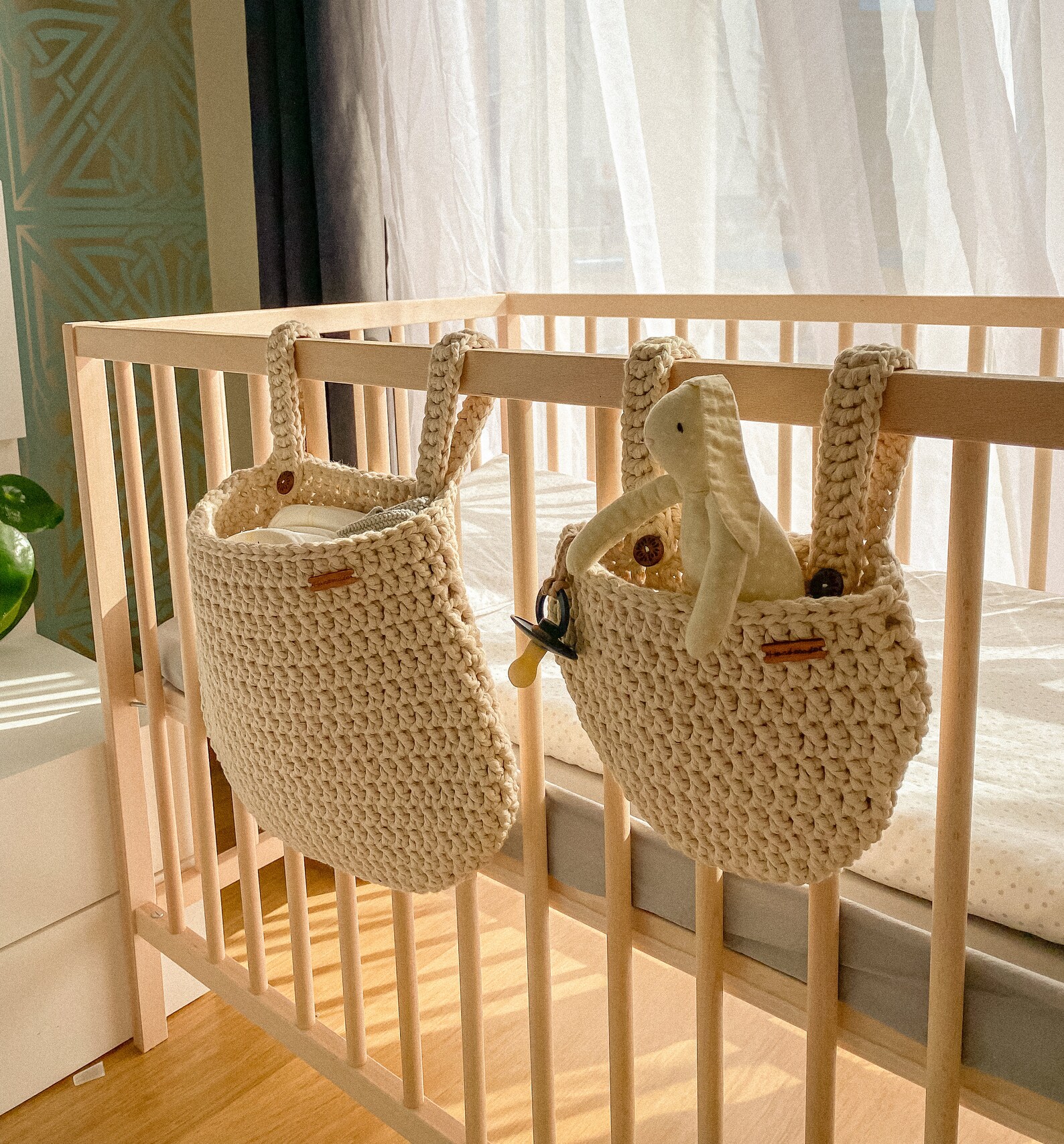 Hanging Storage Baskets/ Two Hanging Cotton Pockets for Crib/ Pocket ...