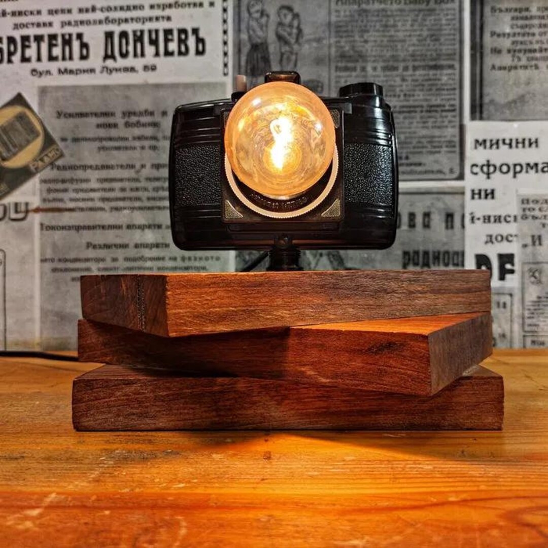 Vintage Film Camera Lamp on Wooden Stand: Unique Decor Art Retro Camera ...