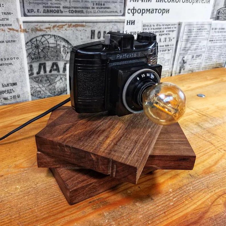Vintage Film Camera Lamp on Wooden Stand: Unique Decor Art Retro Camera ...