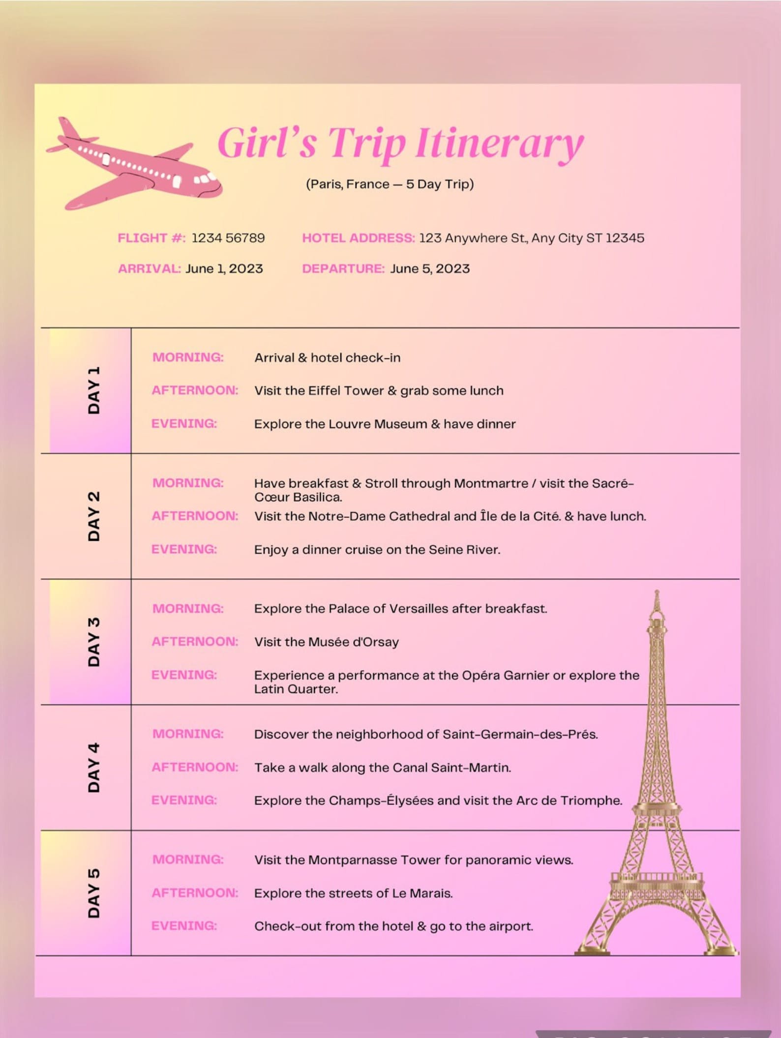 Printable Simple Itinerary Template, Customizable Minimalist Girls Trip ...