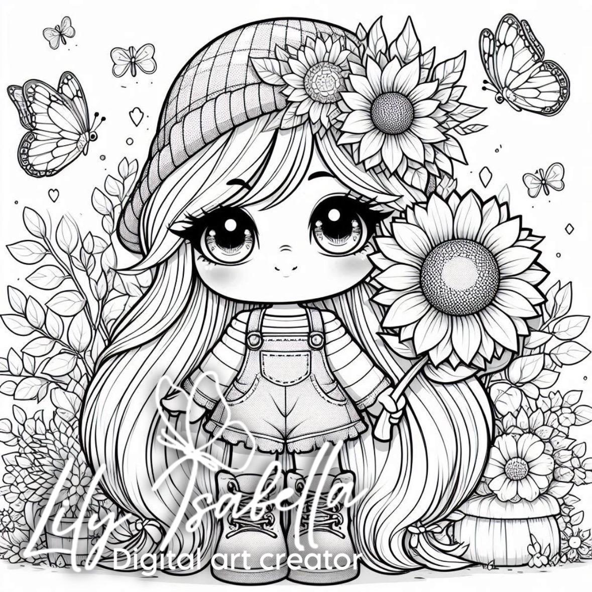 Pack of 10 Digital Coloring Papers of a Girl With Sunflowers - Etsy
