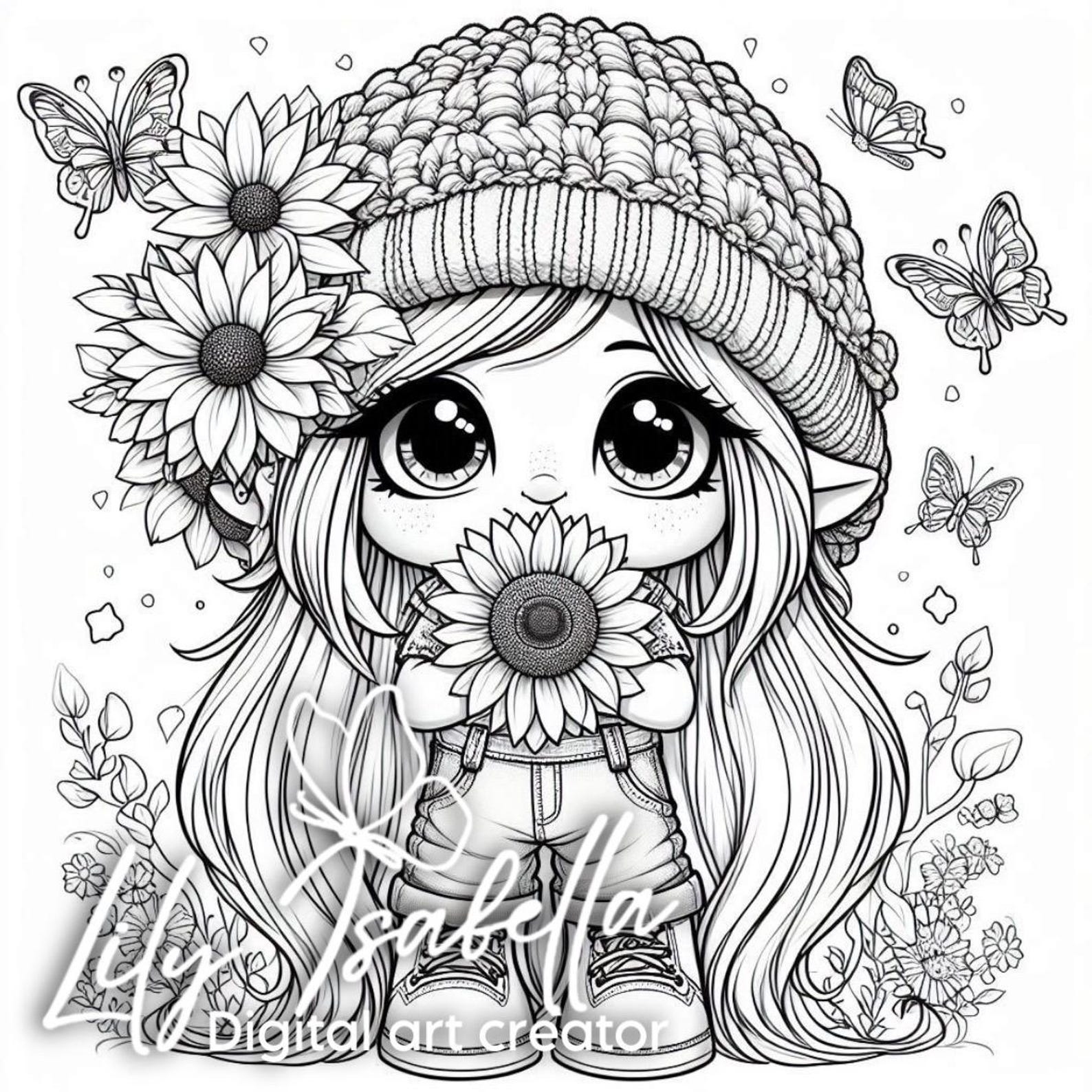 Pack of 10 Digital Coloring Papers of a Girl With Sunflowers - Etsy