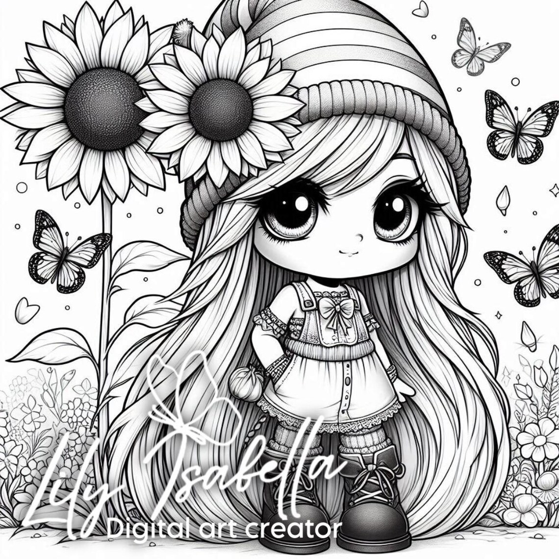 Pack of 10 Digital Coloring Papers of a Girl With Sunflowers - Etsy