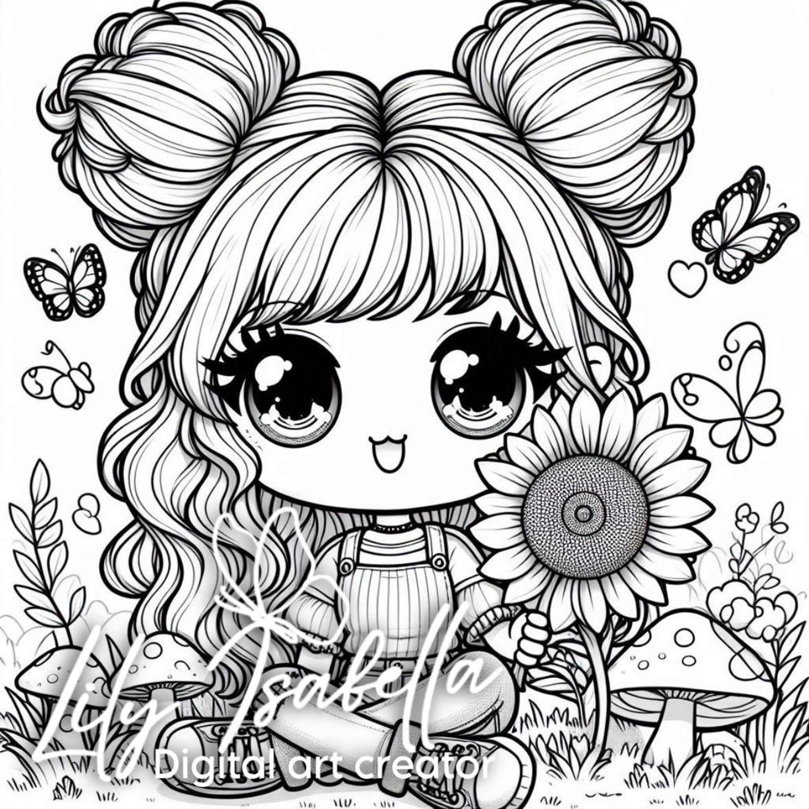 Pack of 10 Digital Coloring Papers of a Girl With Sunflowers - Etsy