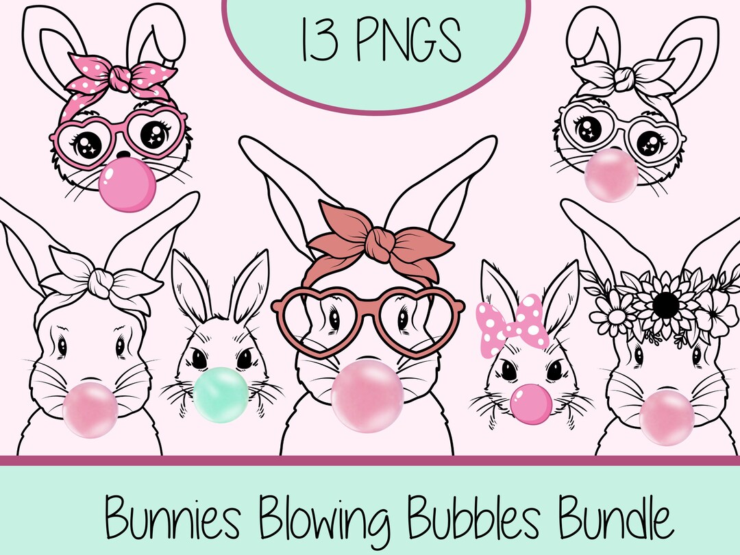 Bunnies Blowing Bubbles Bundle PNG, 13 Pngs, Bunny Png, Trendy Bunny ...