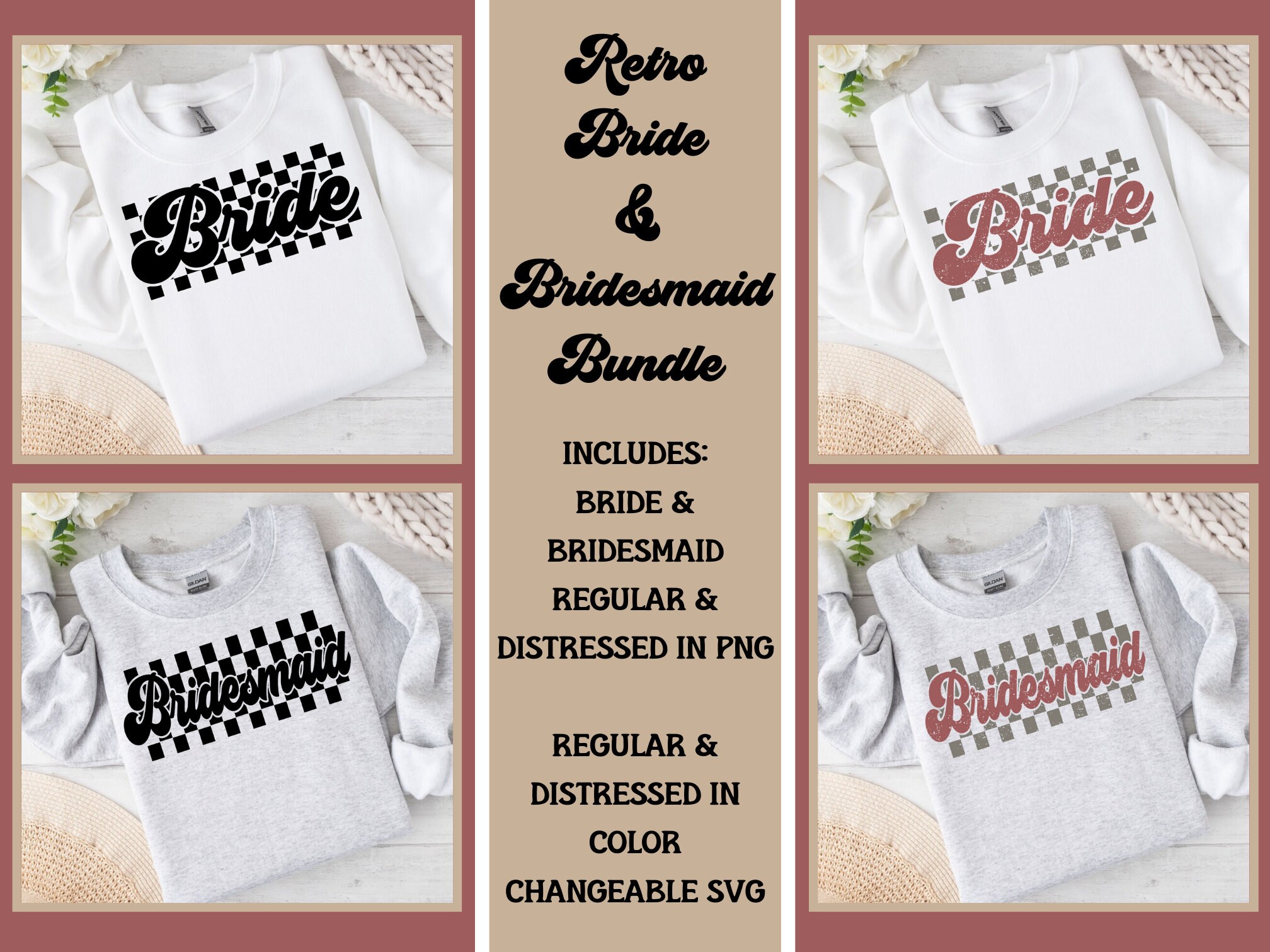 Retro Bride & Bridesmaid Bundle PNG SVG, Color Changeable SVG, Bride ...
