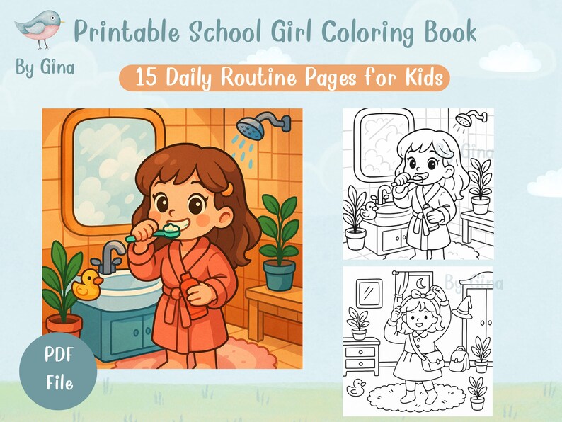 Printable School Girl Coloring Book – Daily Routine Pages for Kids by ...