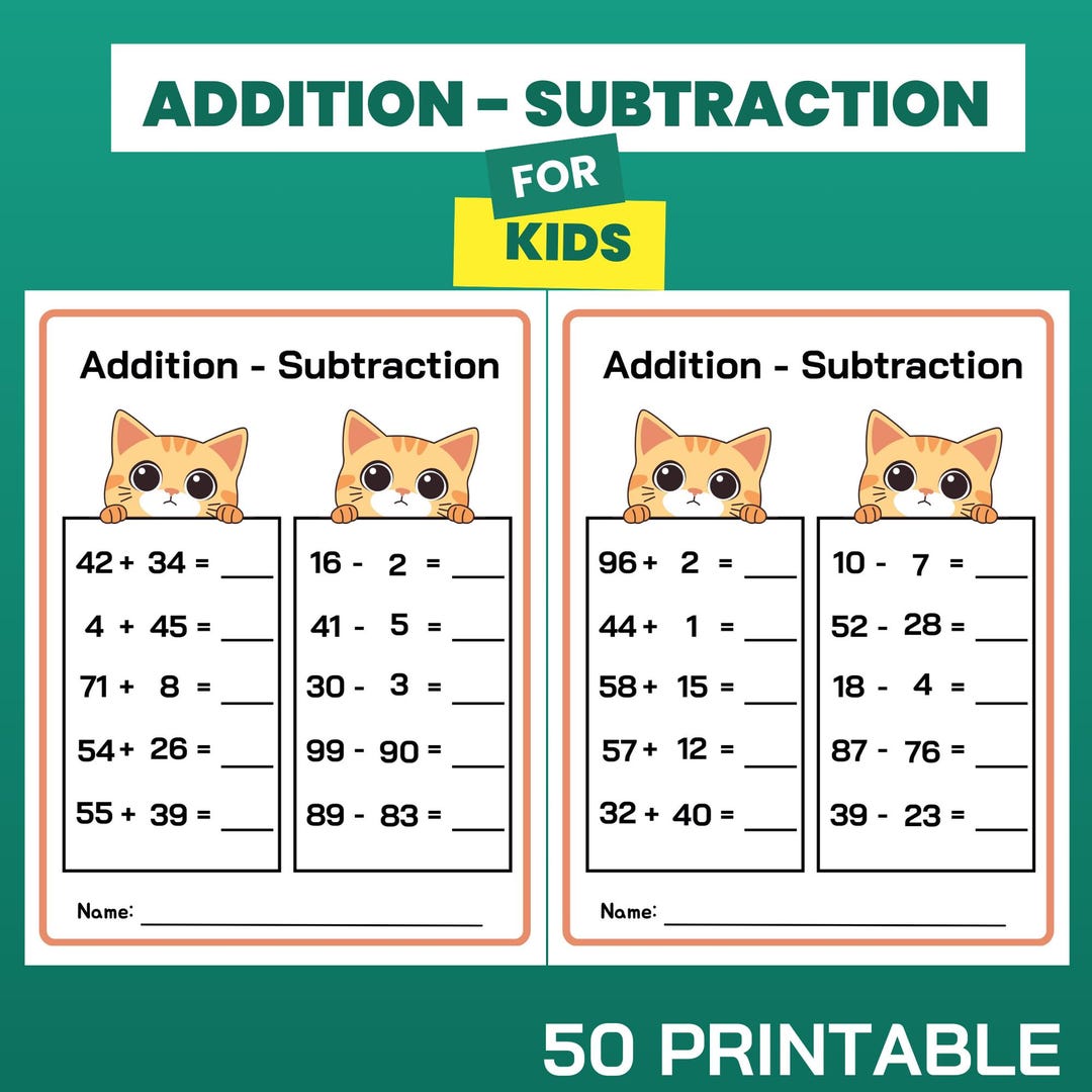50 Pages of Addition & Subtraction Practice for Kids - Instant Download ...