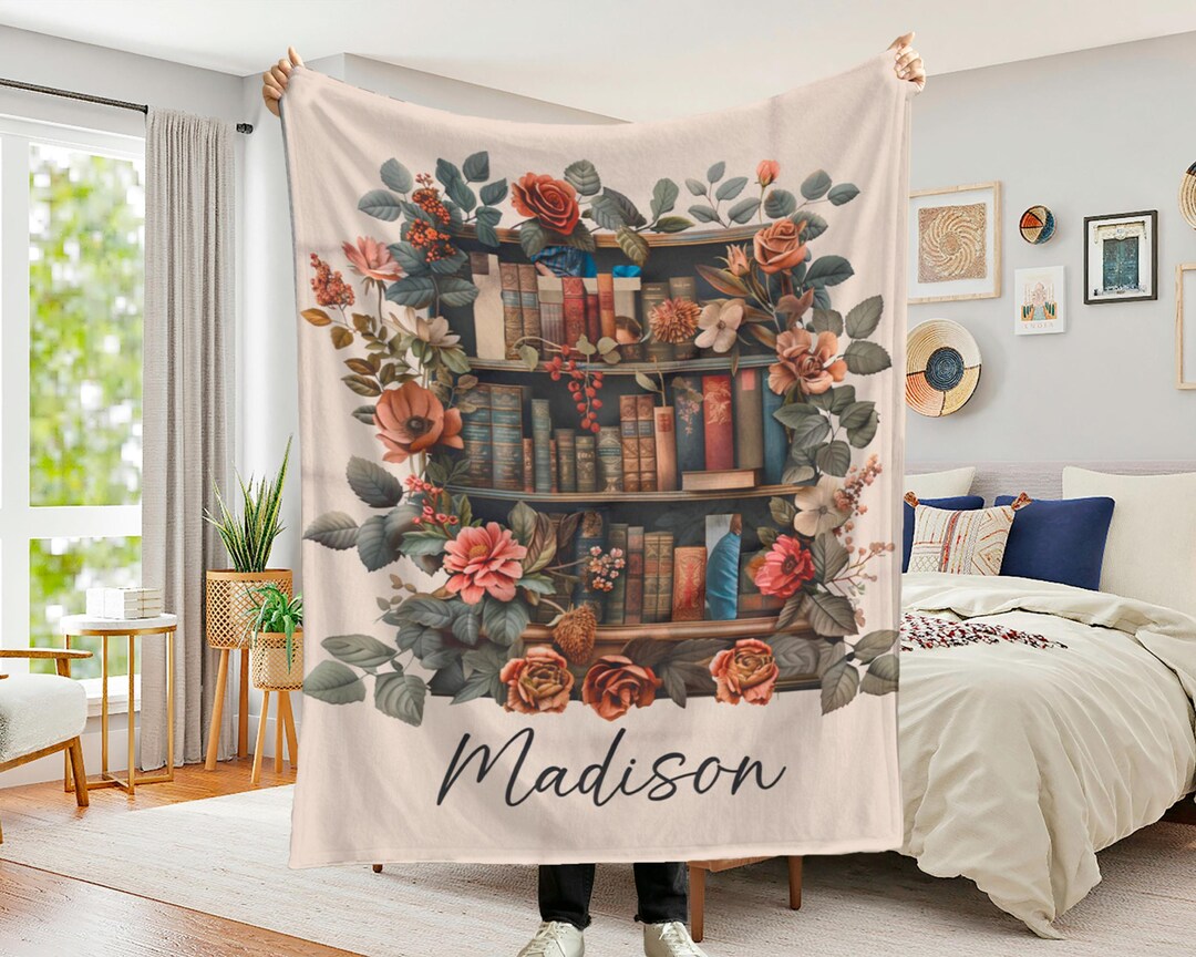Personalized Floral Book Blanket, Custom Bookshelf, Gift for Book Lover ...