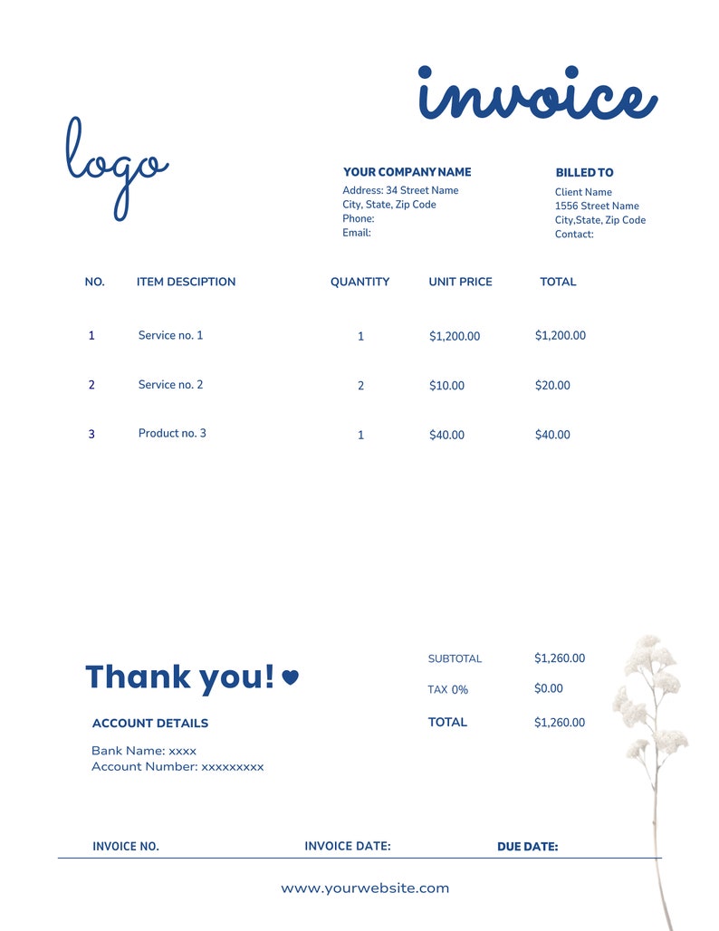 Stylish Invoice Template, Invoice Editable, Printable Small Business ...