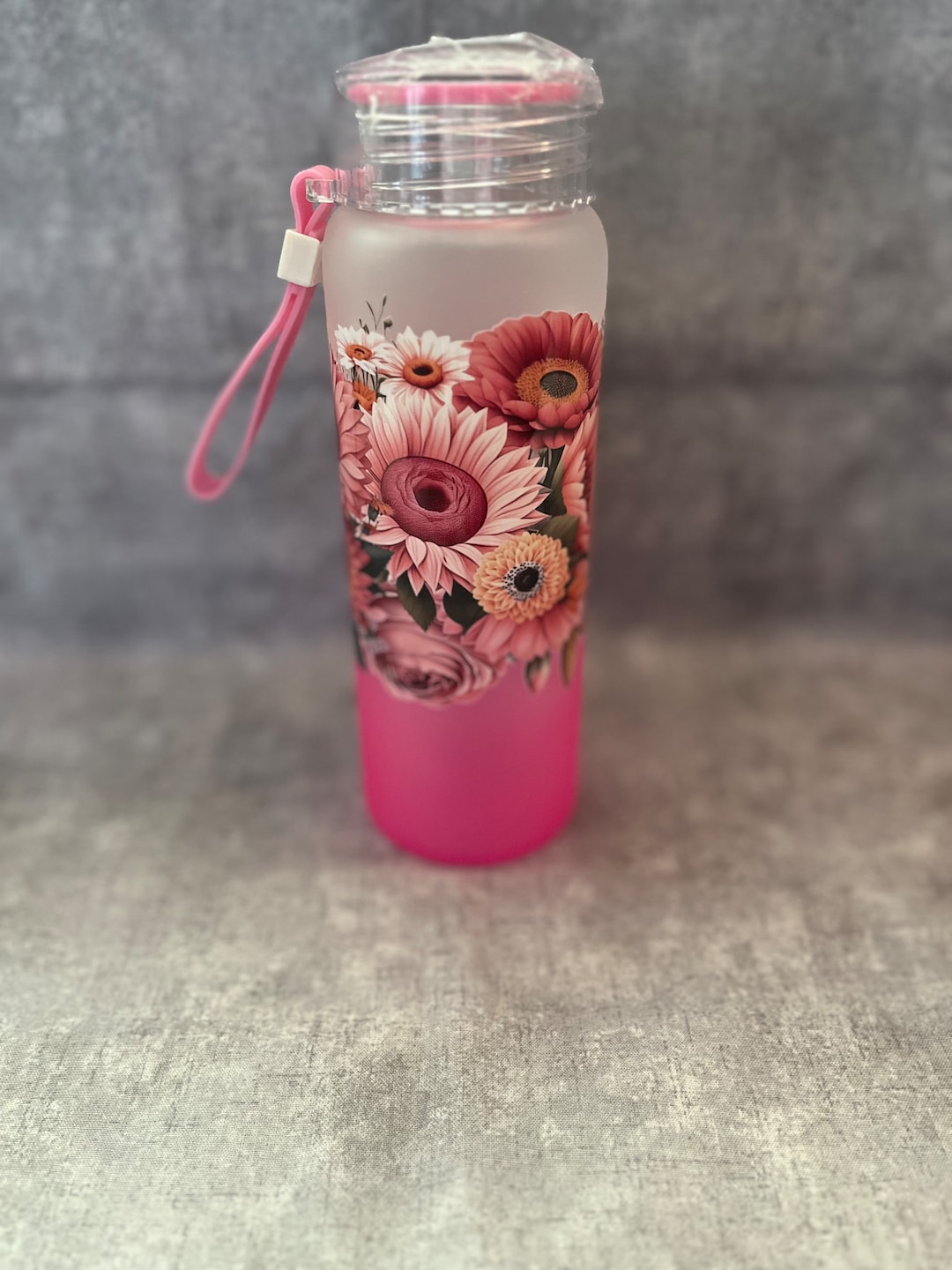 Pink Flower Glass Water Bottle - Etsy