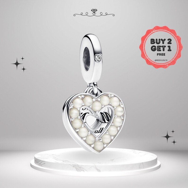 Pearlescent White Heart Mum Double Dangle Charm, Charm for Pandora Bracelet, 925 Sterling Silver ...