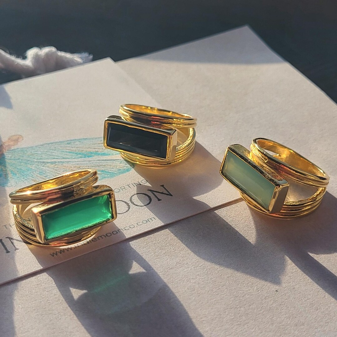 Gold Rectangular Gemstone Ring, Black Onyx, Green Onyx or Aqua ...