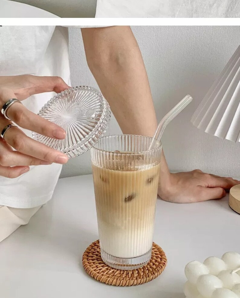 Simple Stripe Glass Cup With Lid and Straw Transparent Bubble Tea Cup ...