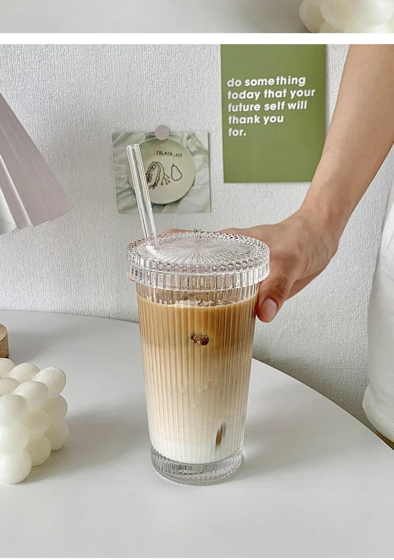 Simple Stripe Glass Cup With Lid and Straw Transparent Bubble Tea Cup ...
