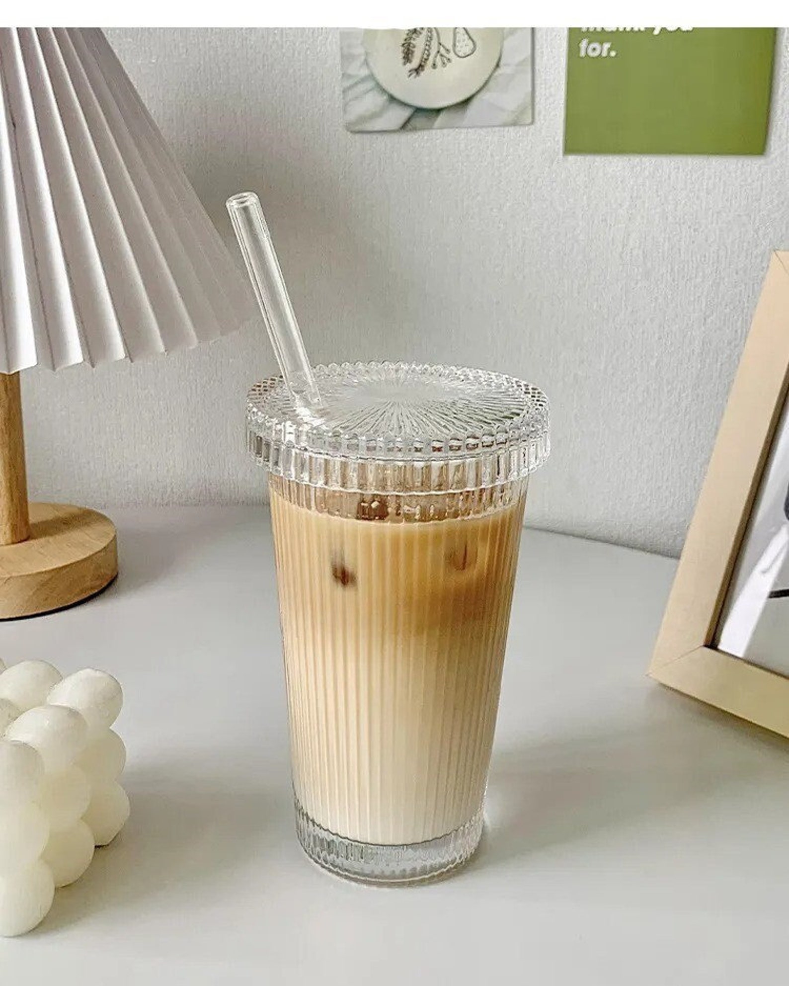 Simple Stripe Glass Cup With Lid and Straw Transparent Bubble Tea Cup ...